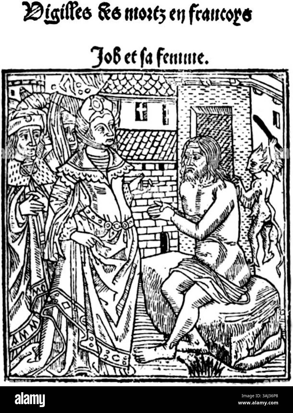 This 15th-century woodcut illustration depicts the biblical figure Job ...