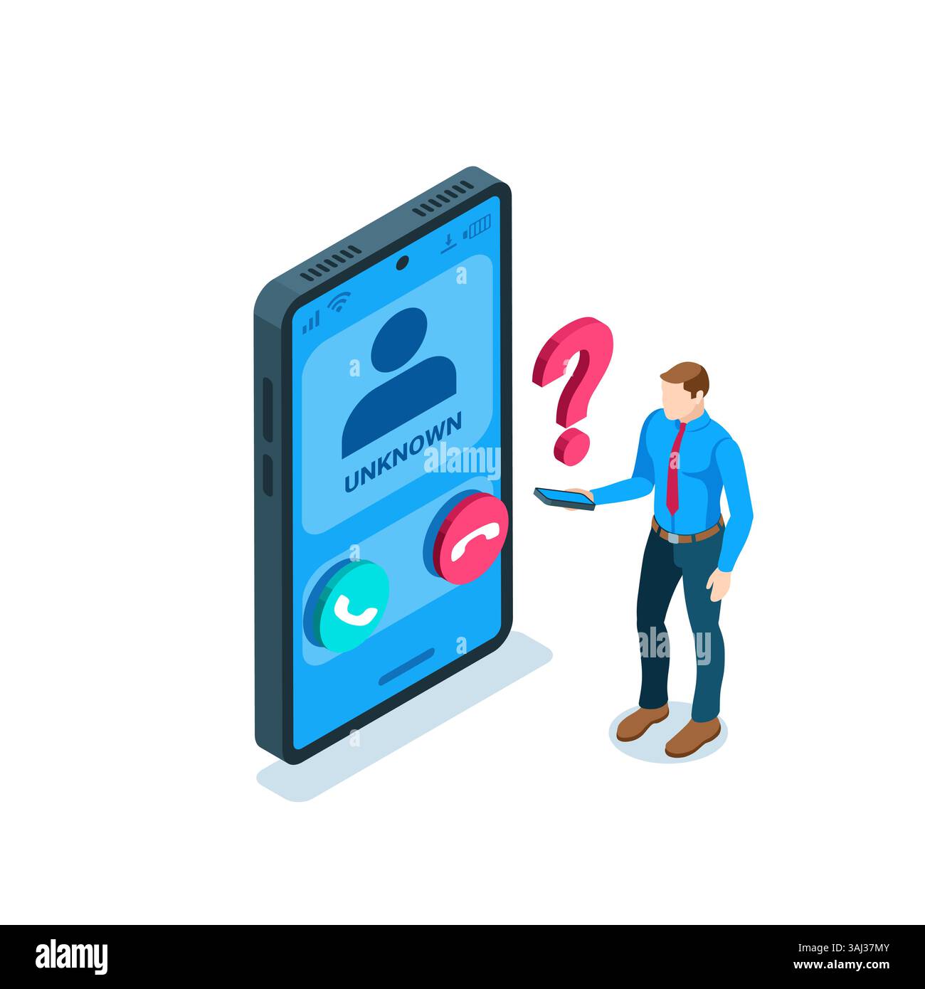 isometric business man with smartphone and question mark, in color on ...