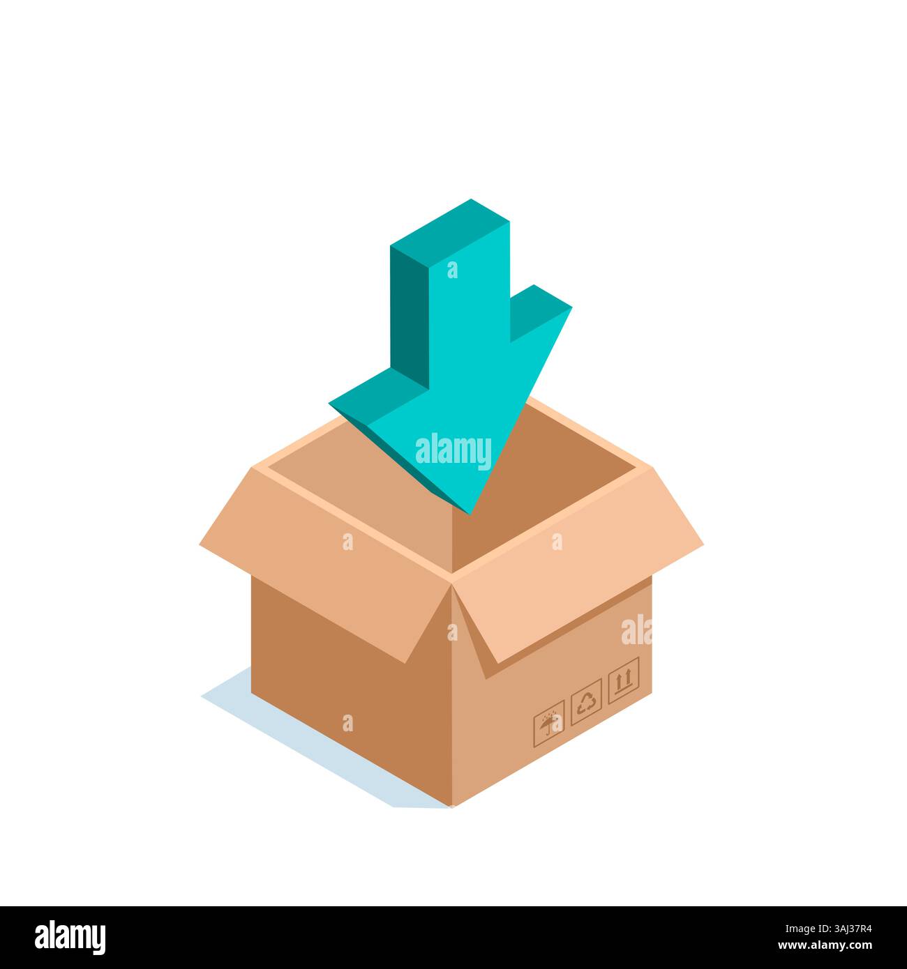 isometric cardboard box and down arrow, in color on white background ...