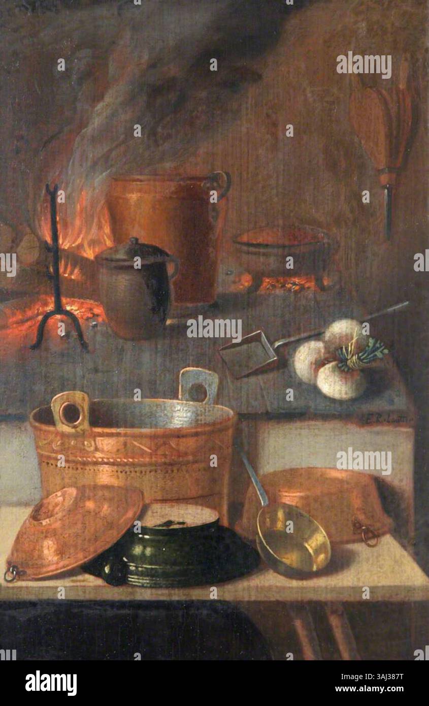 'Kitchen Still Life with Pots and Pans and a Roaring Fire' by E. K ...