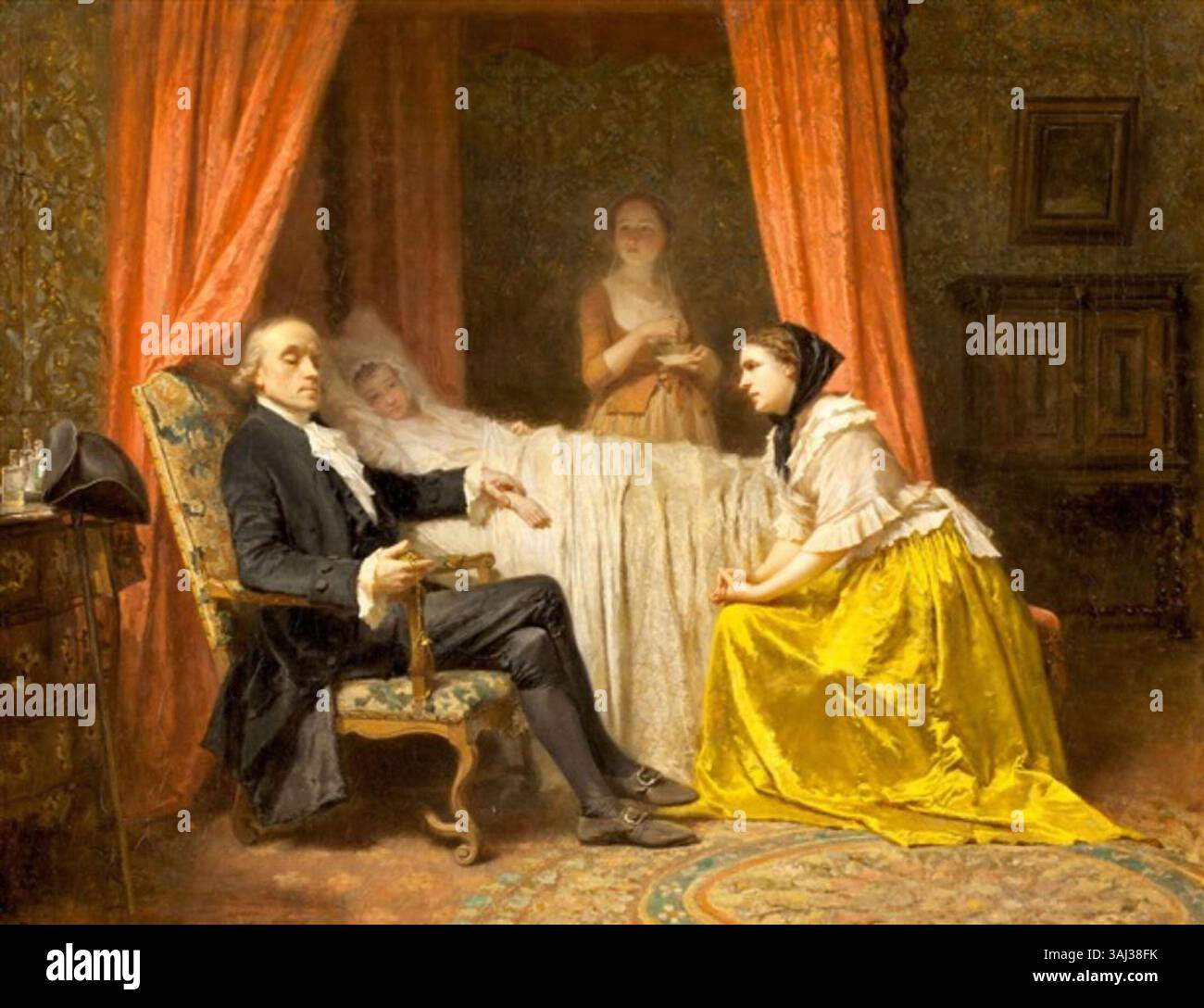 A physician examines the radial pulse of a woman lying in bed, while ...