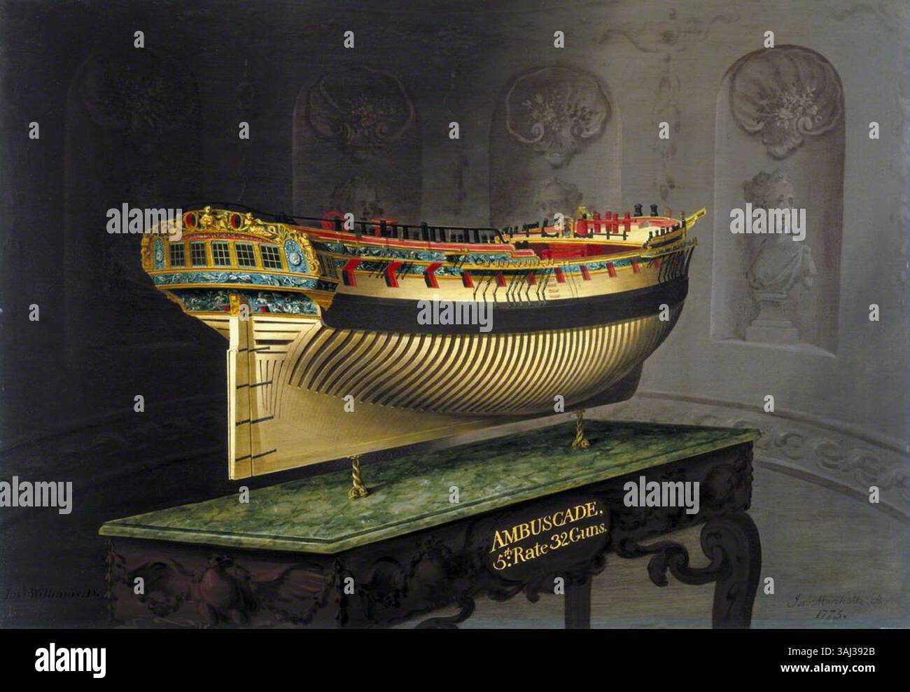 A painting of the HMS 'Ambuscade' by Joseph Marshall, created in 1775 ...