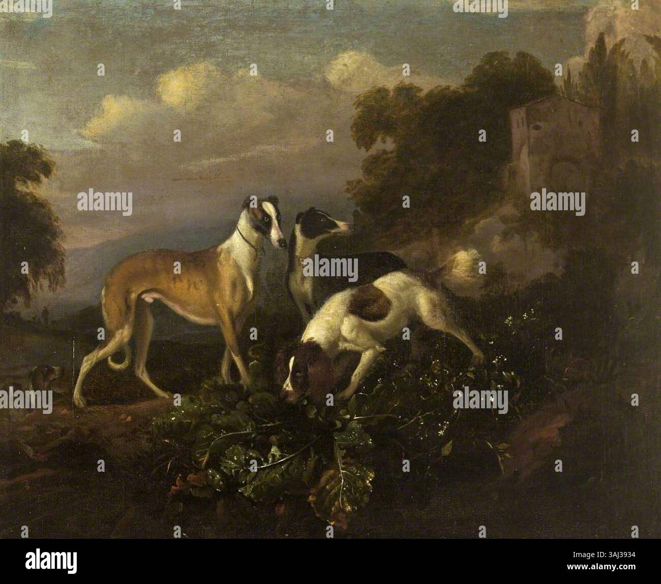 This 18th-century painting features two hunting dogs and a spaniel ...