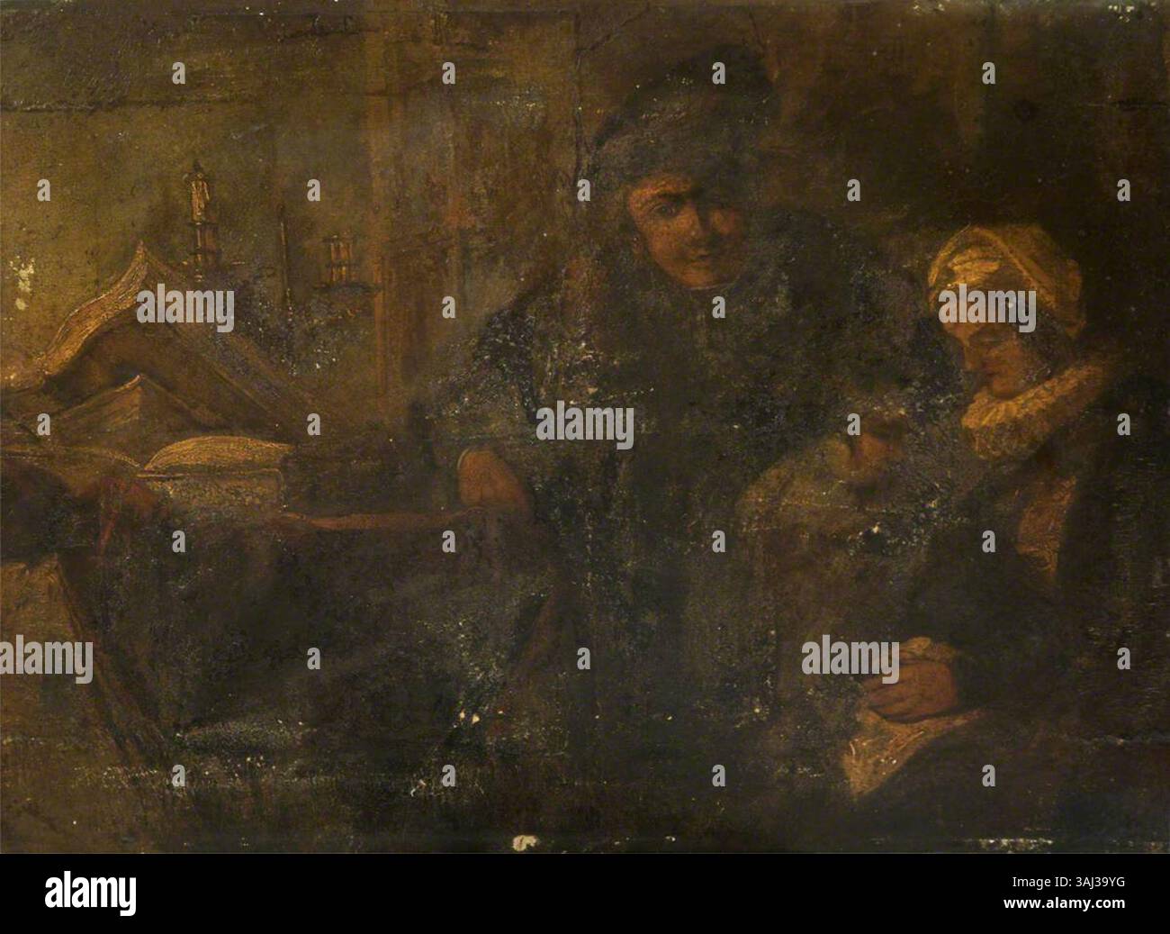 This genre painting from the 1800s depicts a Dutch man seated at a desk ...