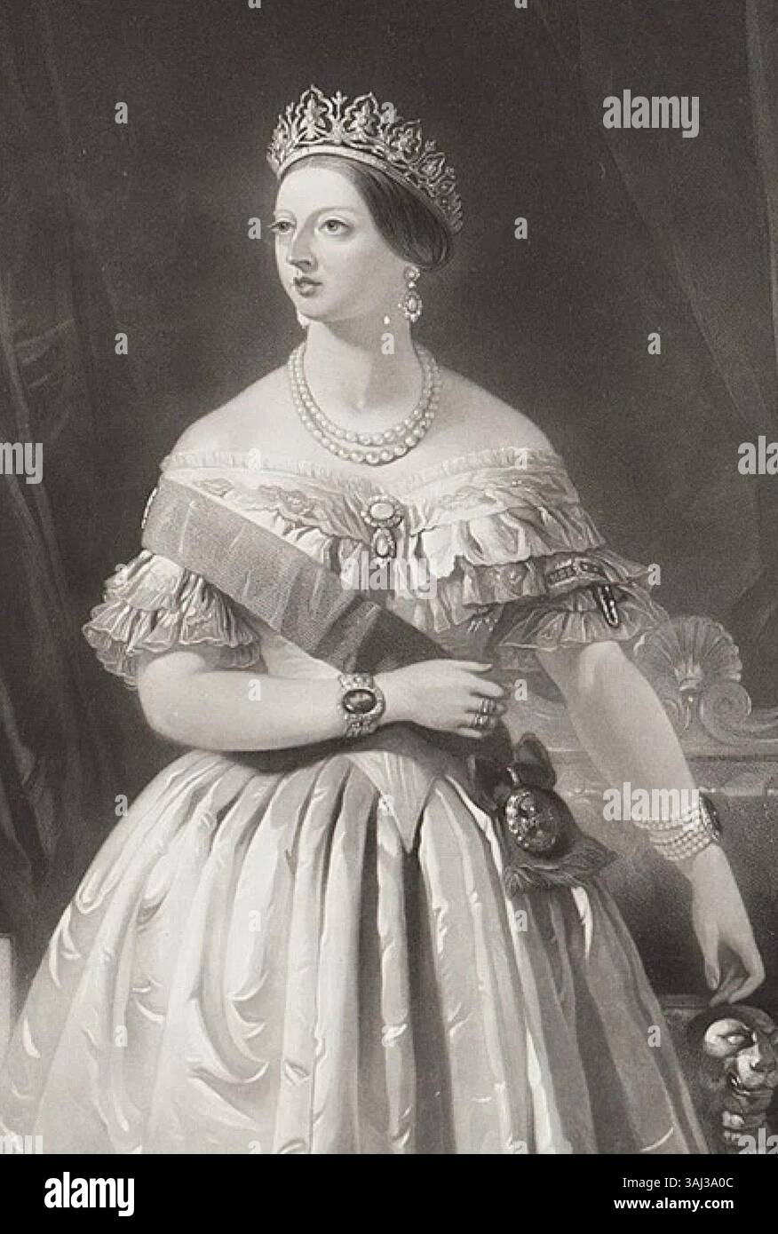 This 1857 engraving by G.S. Sanders depicts Queen Victoria wearing an ...