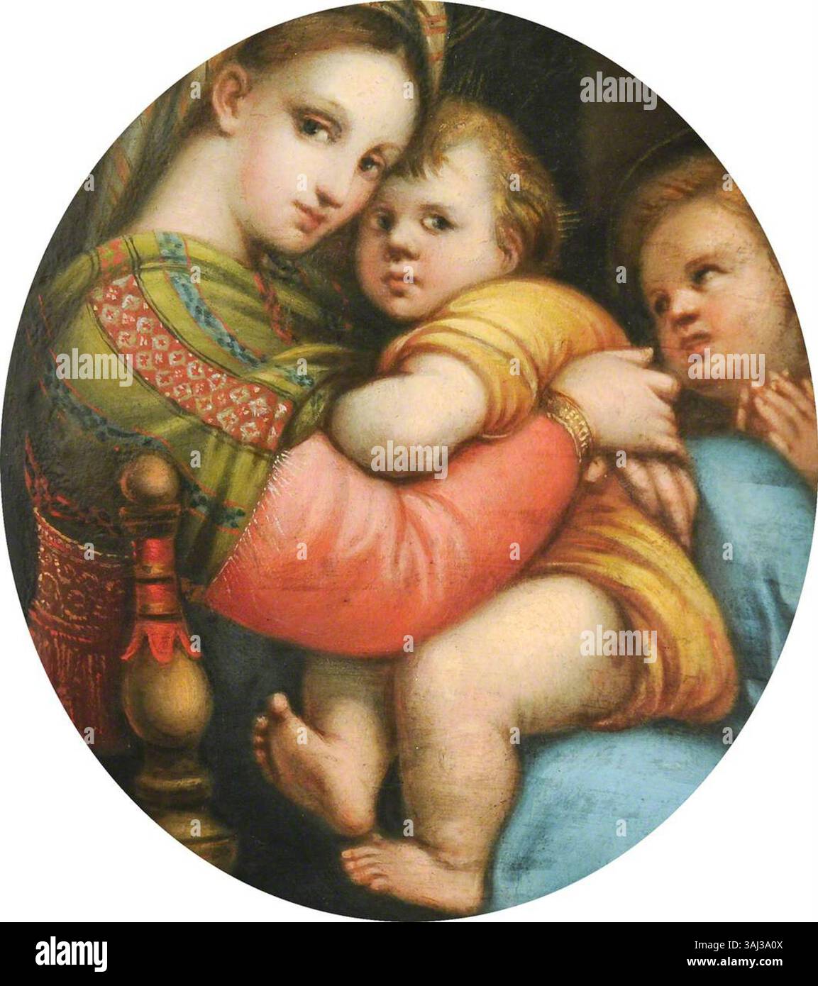 This painting, after Raphael, depicts the Madonna and Child, a classic ...