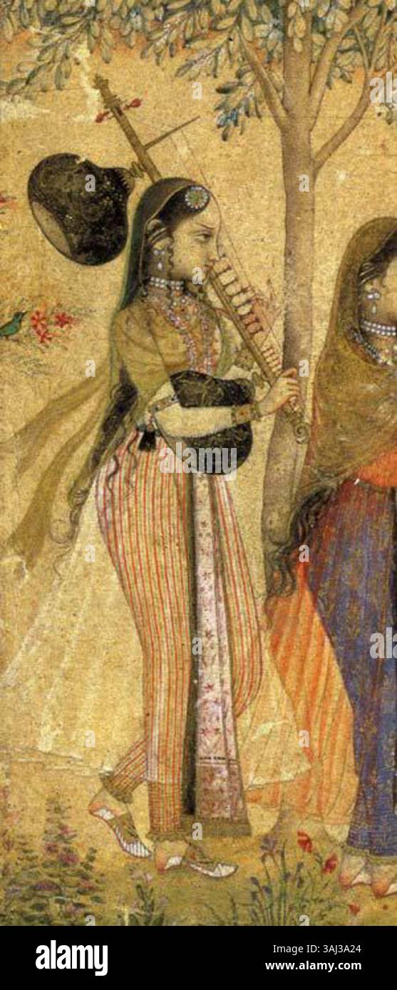 This painting by Rahim Deccani depicts a woman playing a kinnari vina ...