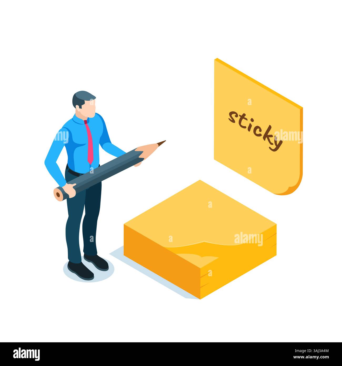 isometric business man with a pencil gluing a sticker, in color on a ...