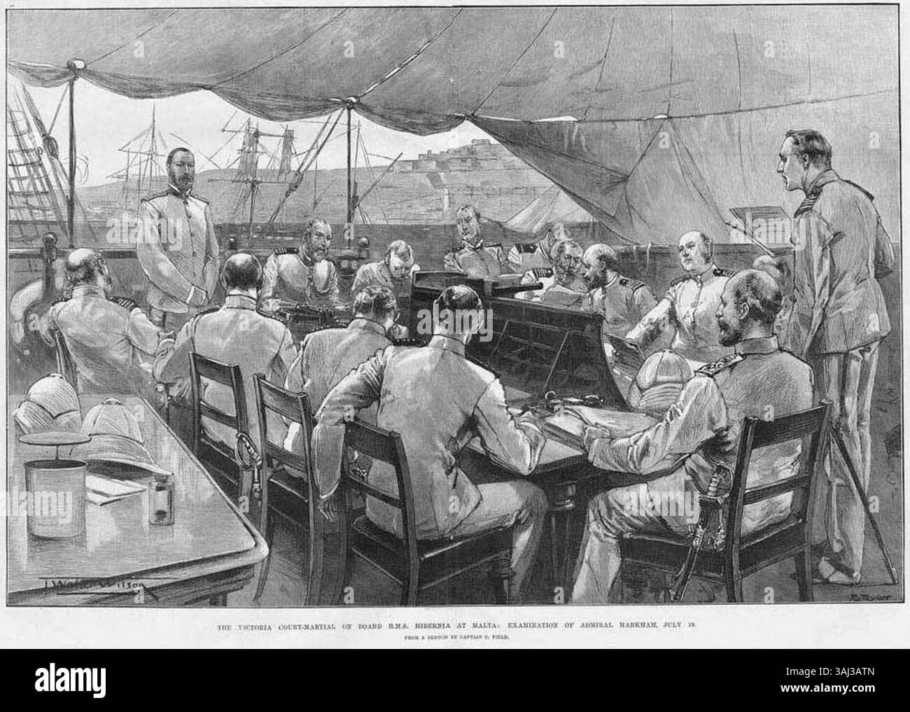 The illustration depicts the court-martial of the HMS 'Victoria ...