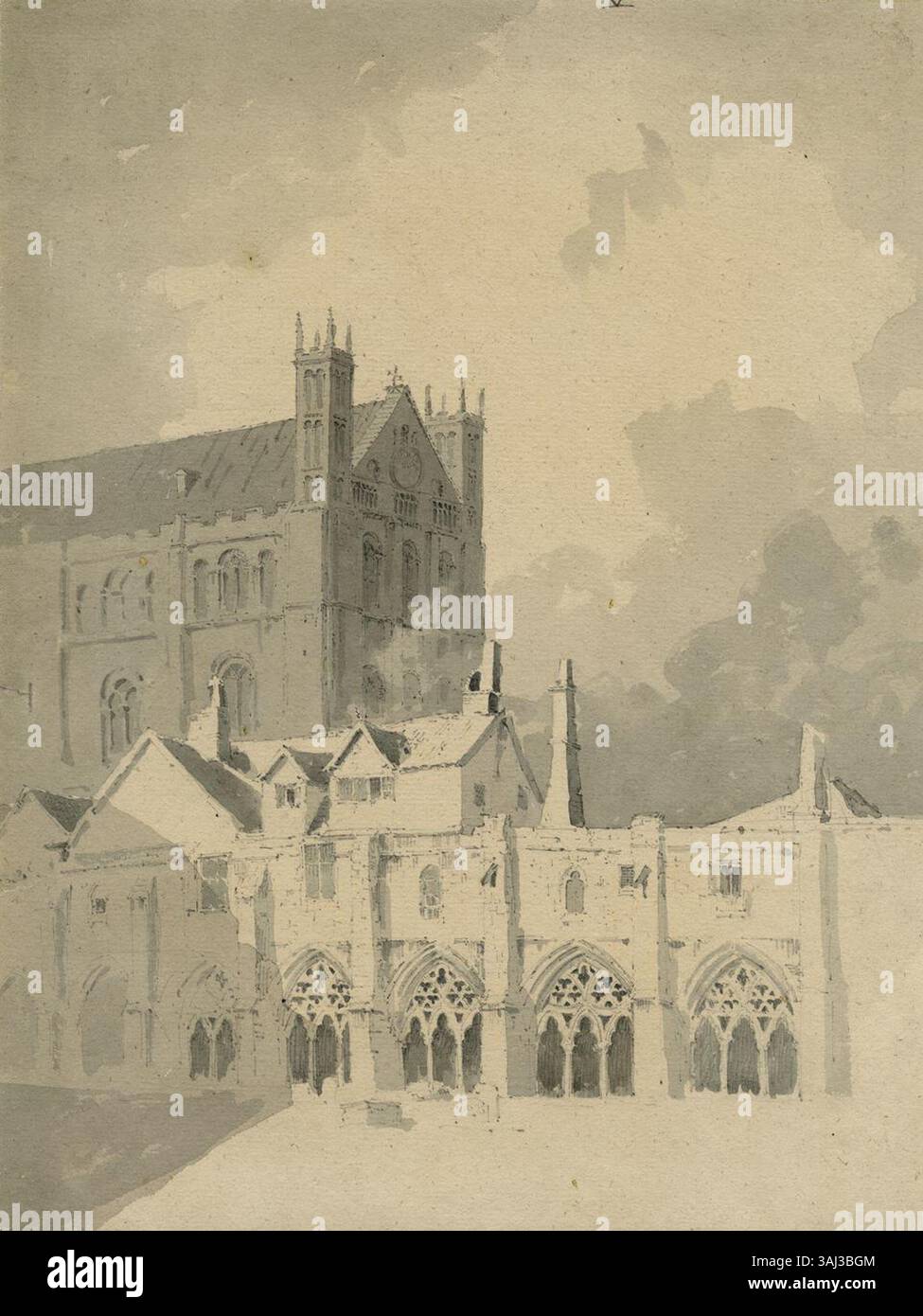 This pencil and wash drawing by John Thirtle depicts the south transept and cloister of Norwich ...