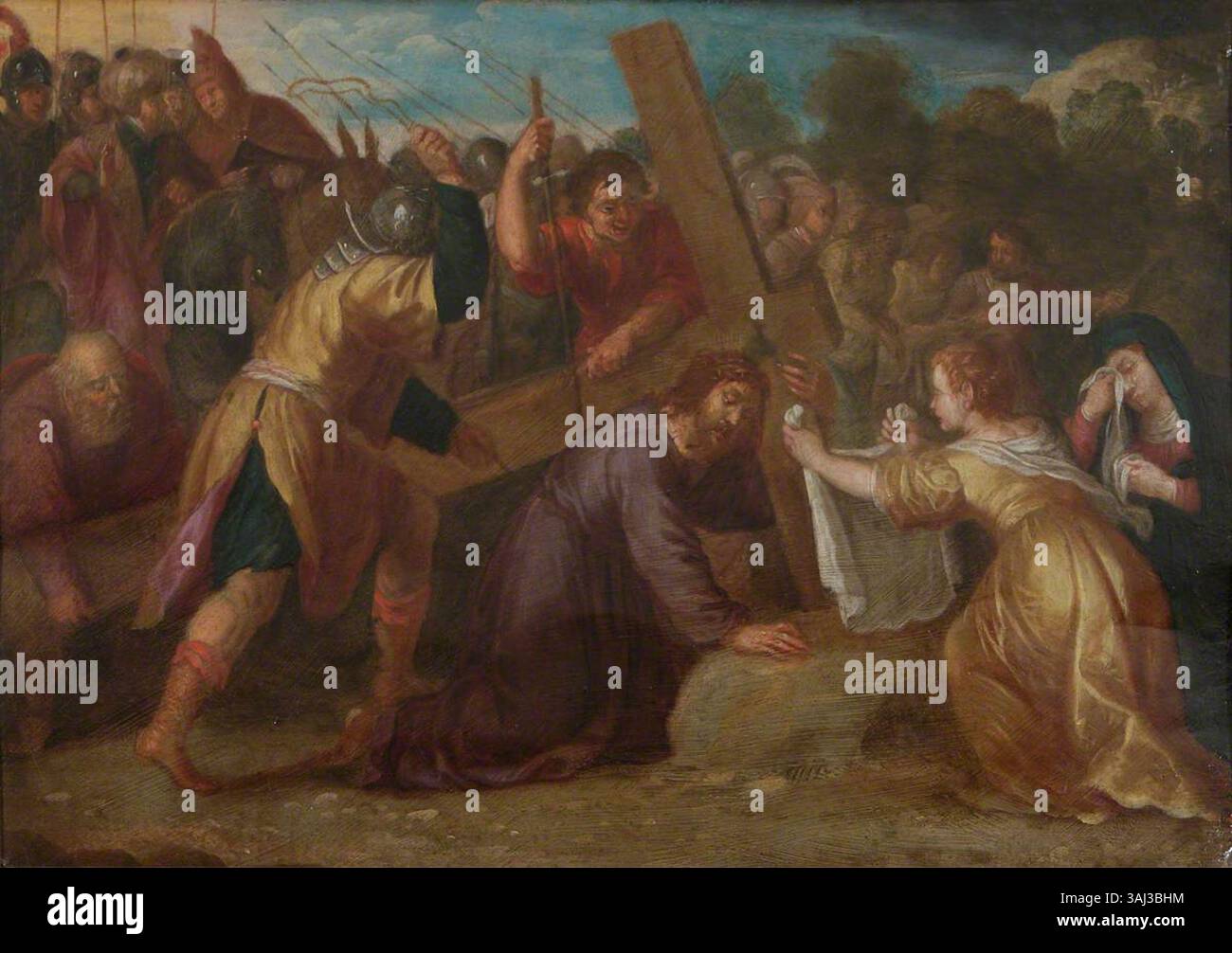 This religious artwork, attributed to the Flemish School, depicts the Road to Calvary with Simon ...