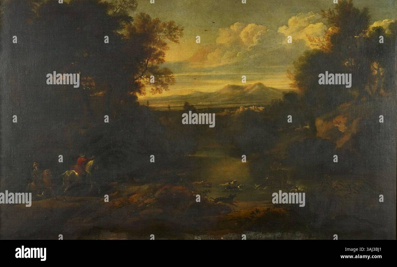 This landscape painting, attributed to Jan Wyck, depicts a stag hunt ...