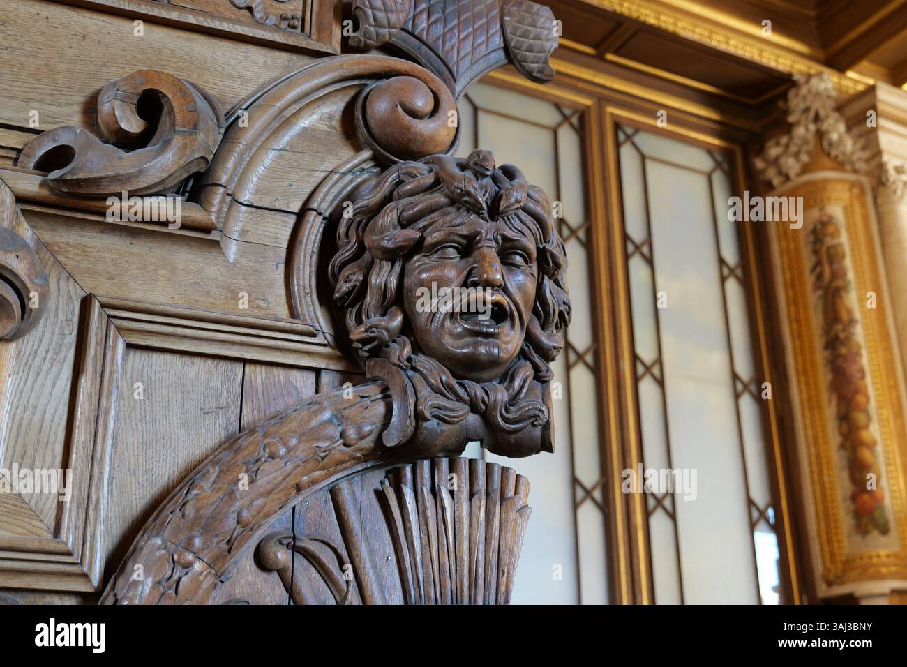 Close-up of an expressive carved wooden face in ornate paneling ...
