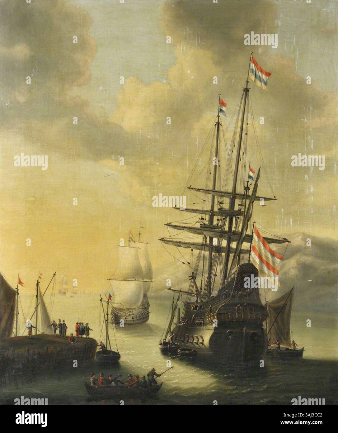 This painting depicts Dutch men-of-war ships in a harbor during the mid ...