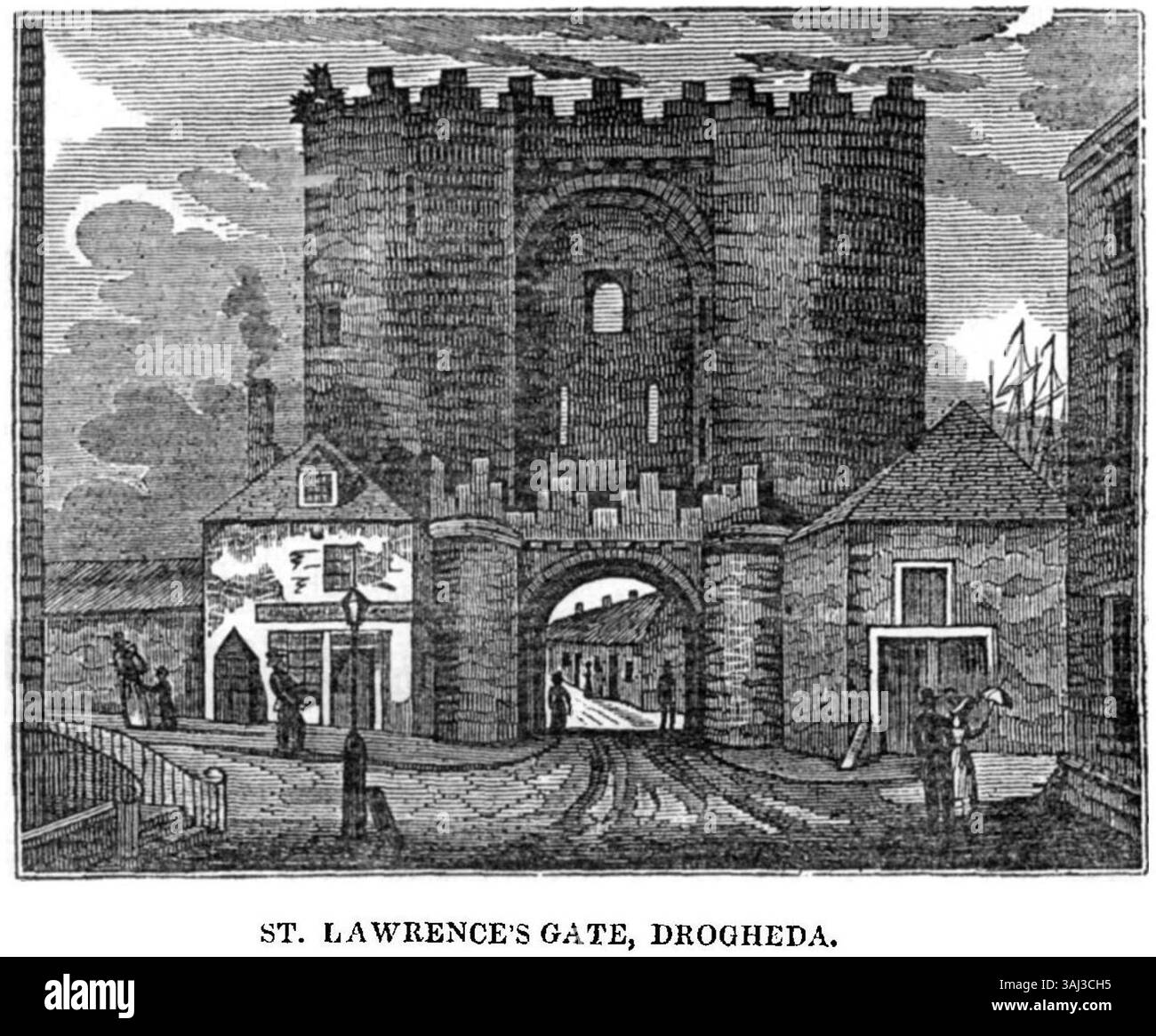 This 1834 illustration depicts St. Lawrence's Gate in Drogheda, Ireland ...