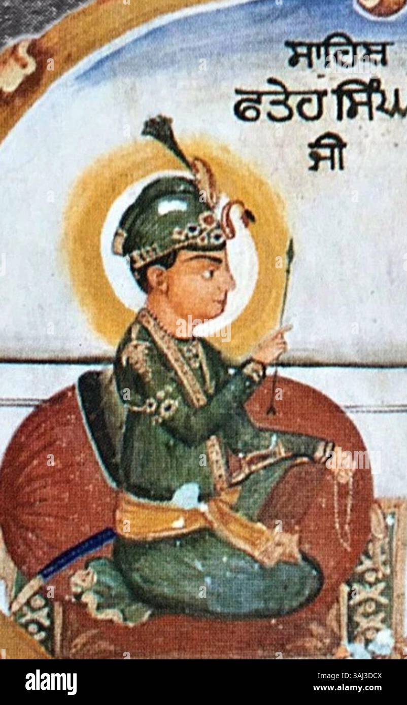 This fresco depicts Chhote Sahibzada Fateh Singh, a significant historical figure in Sikhism ...