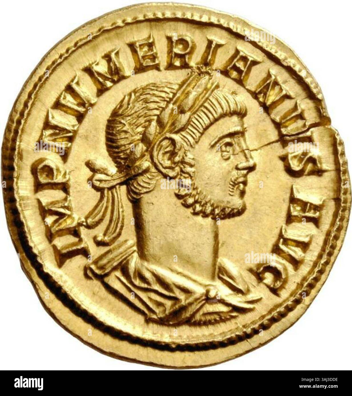 The Numerian aureus (283–284 CE) features a laureate and draped bust of ...