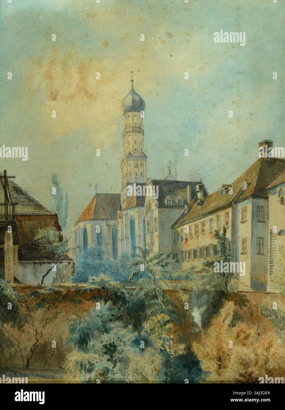 Watercolor view of Augsburg with a focus on the Basilica of St. Ulrich ...