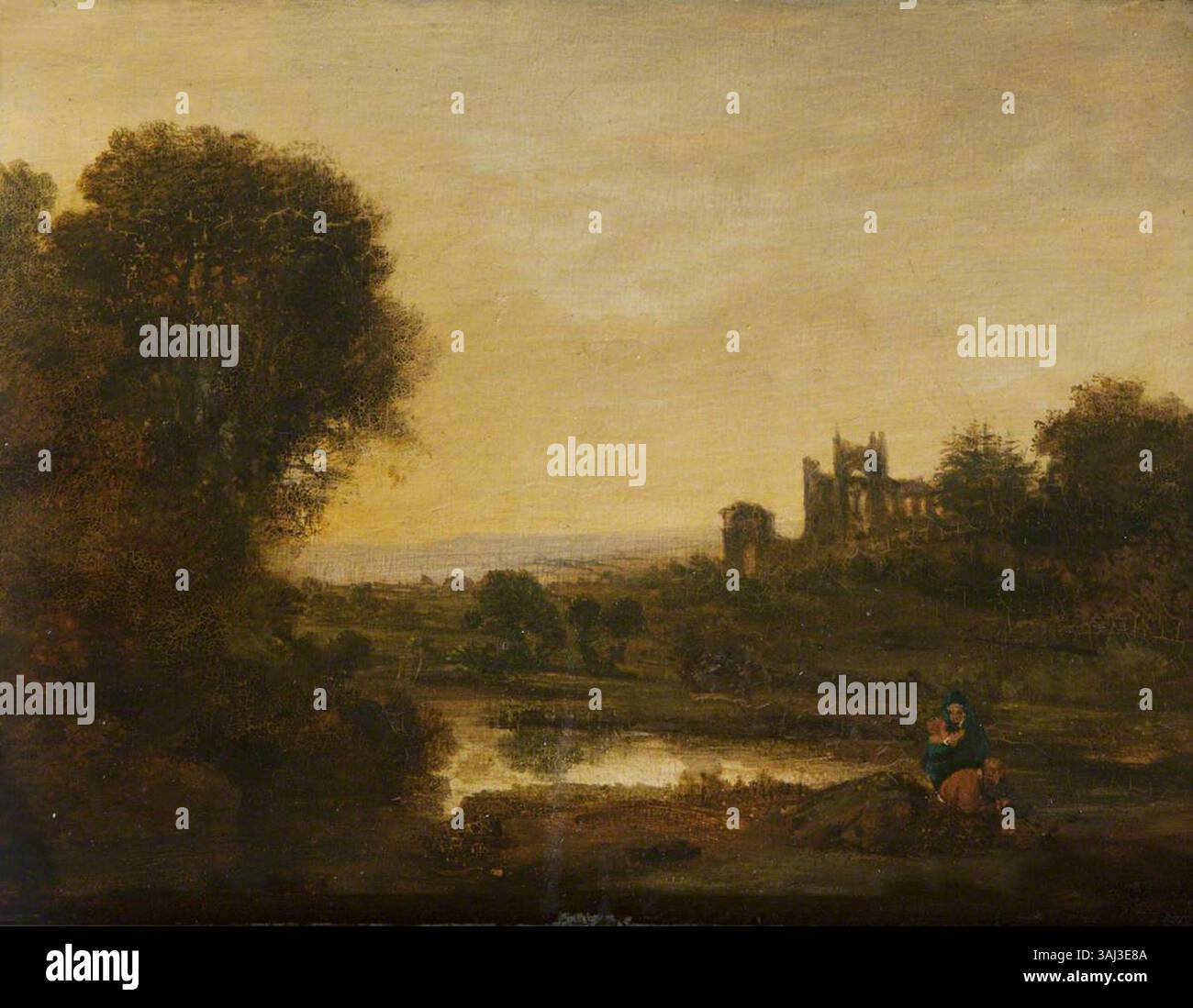 This 19th-century landscape painting depicts a ruined abbey set in a ...