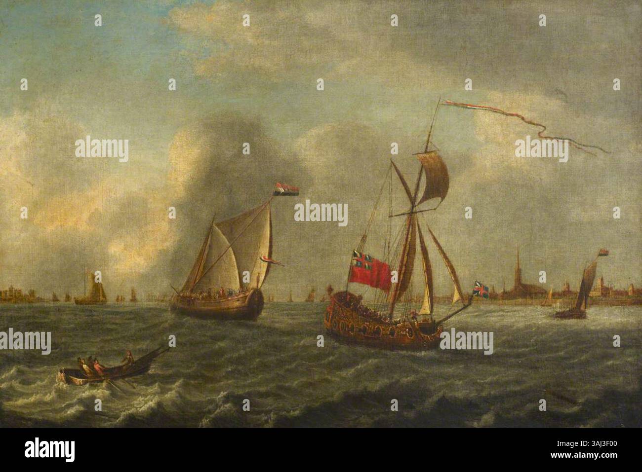 A marine painting depicting an English yacht in a Dutch harbour ...