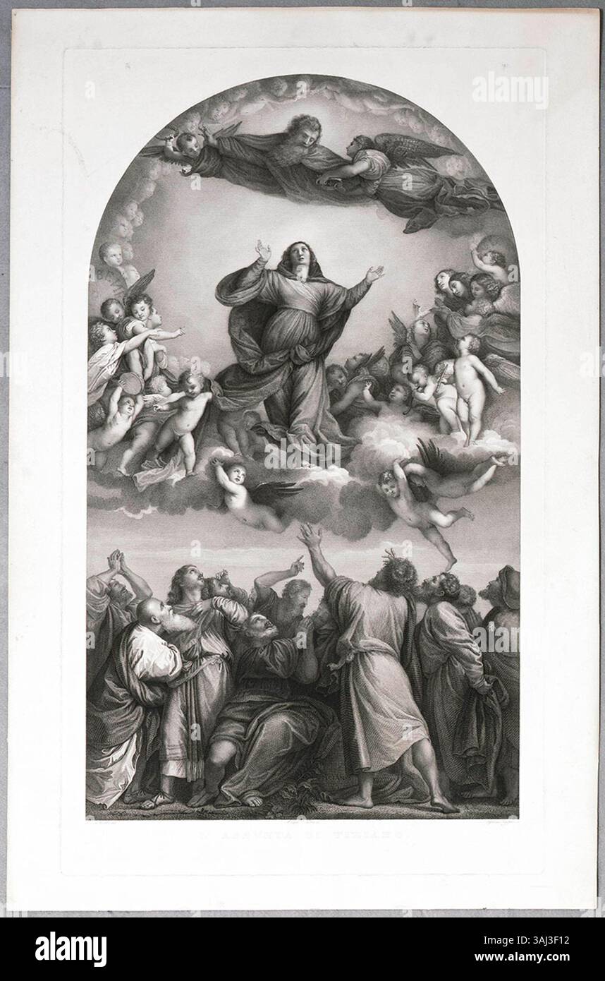 This engraving, 'The Assumption of the Virgin,' is based on Titian’s ...