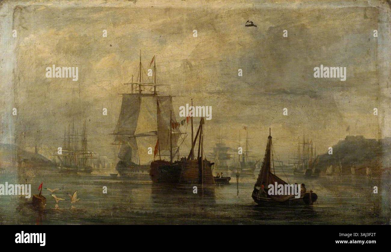 This 19th-century British School painting depicts a hulk with paddle ...