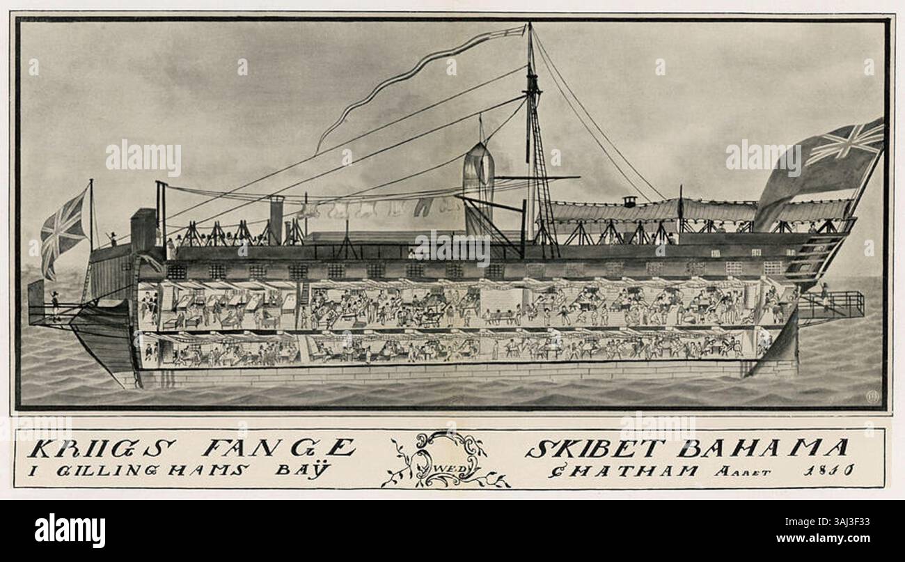 This 1810 engraving depicts the 'Bahama' prison hulk, which was used to ...