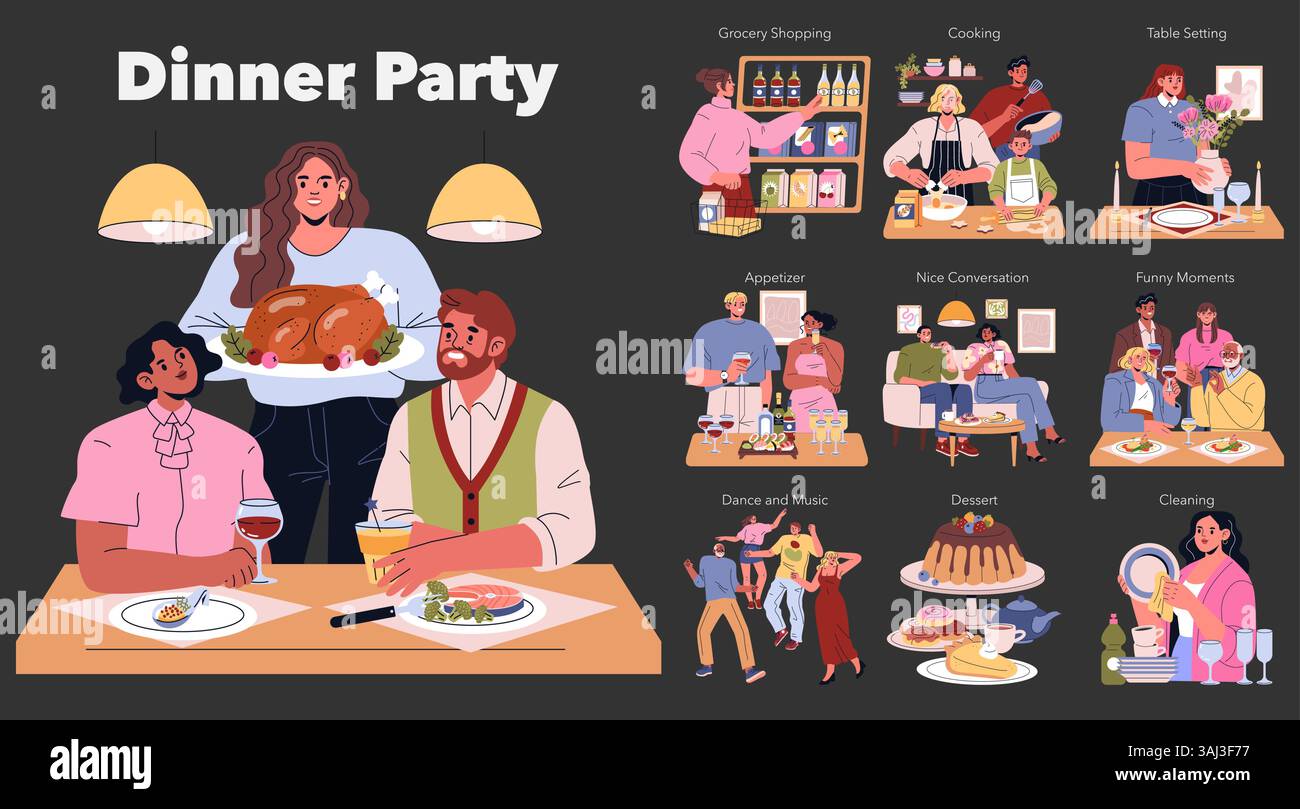 Dinner party scene illustrating various moments of preparation and ...