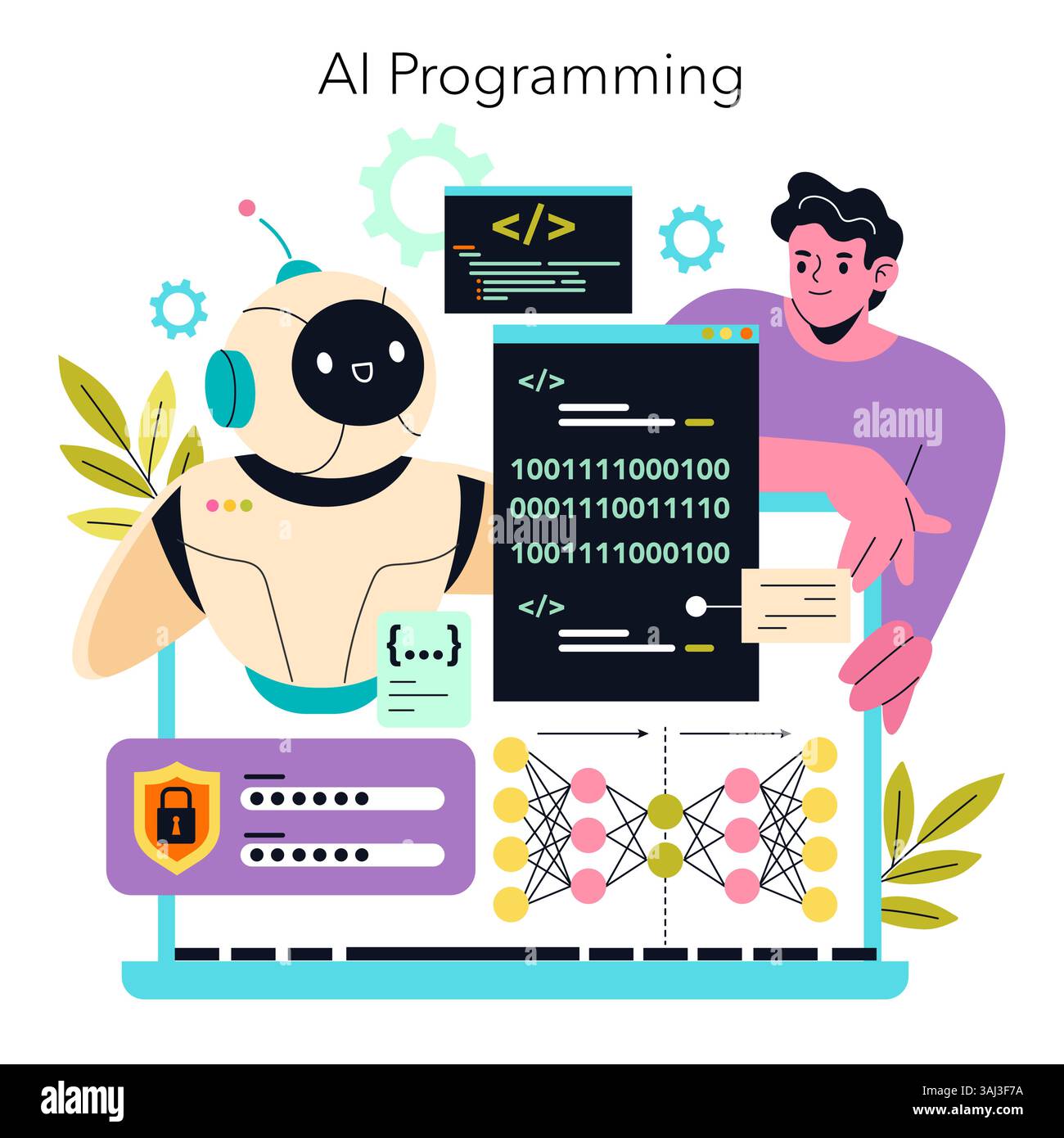 AI programming illustration featuring a cheerful robot and a programmer collaborating on code ...