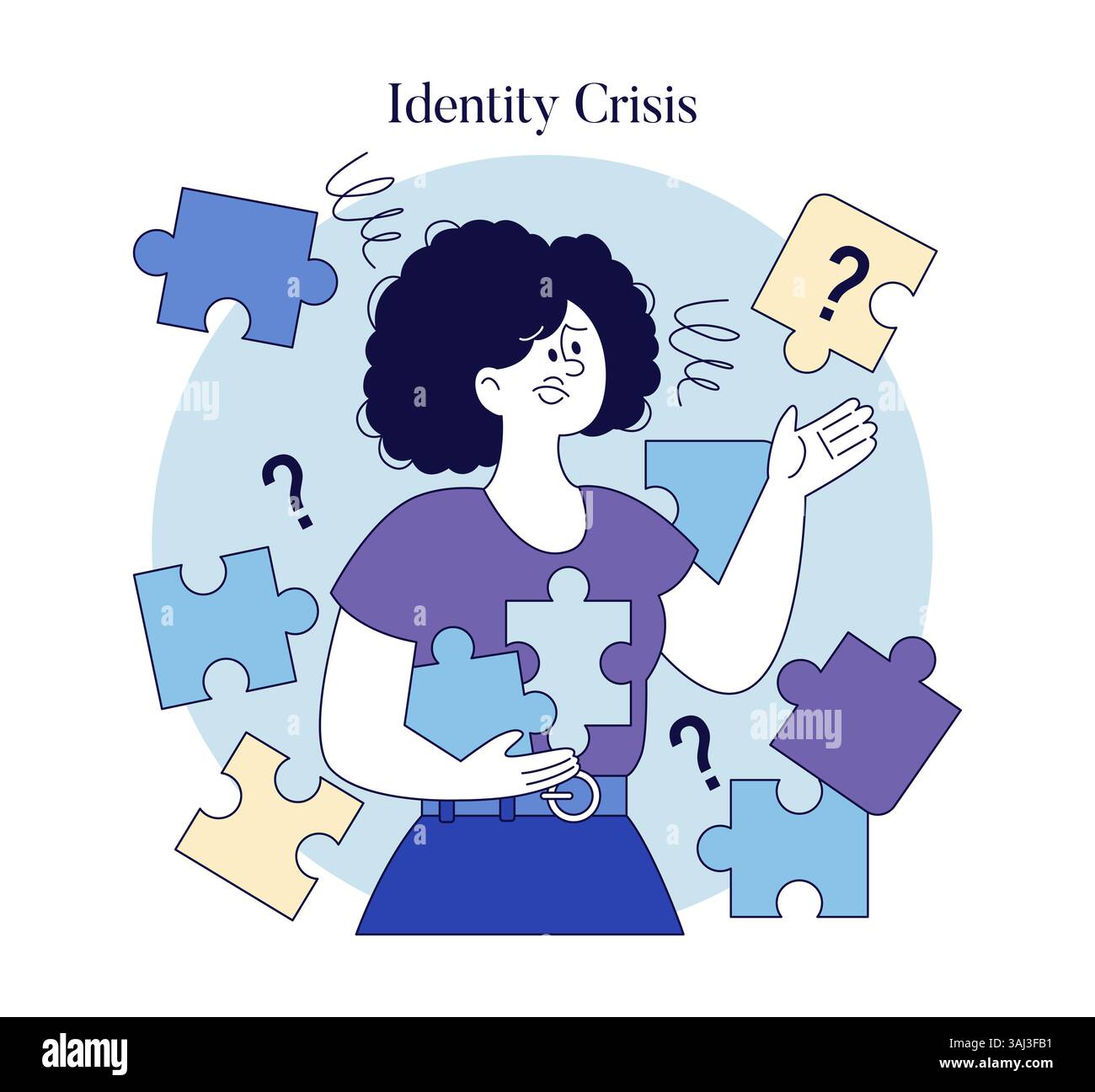 Identity crisis concept. A person grappling with self-discovery amidst puzzle pieces ...