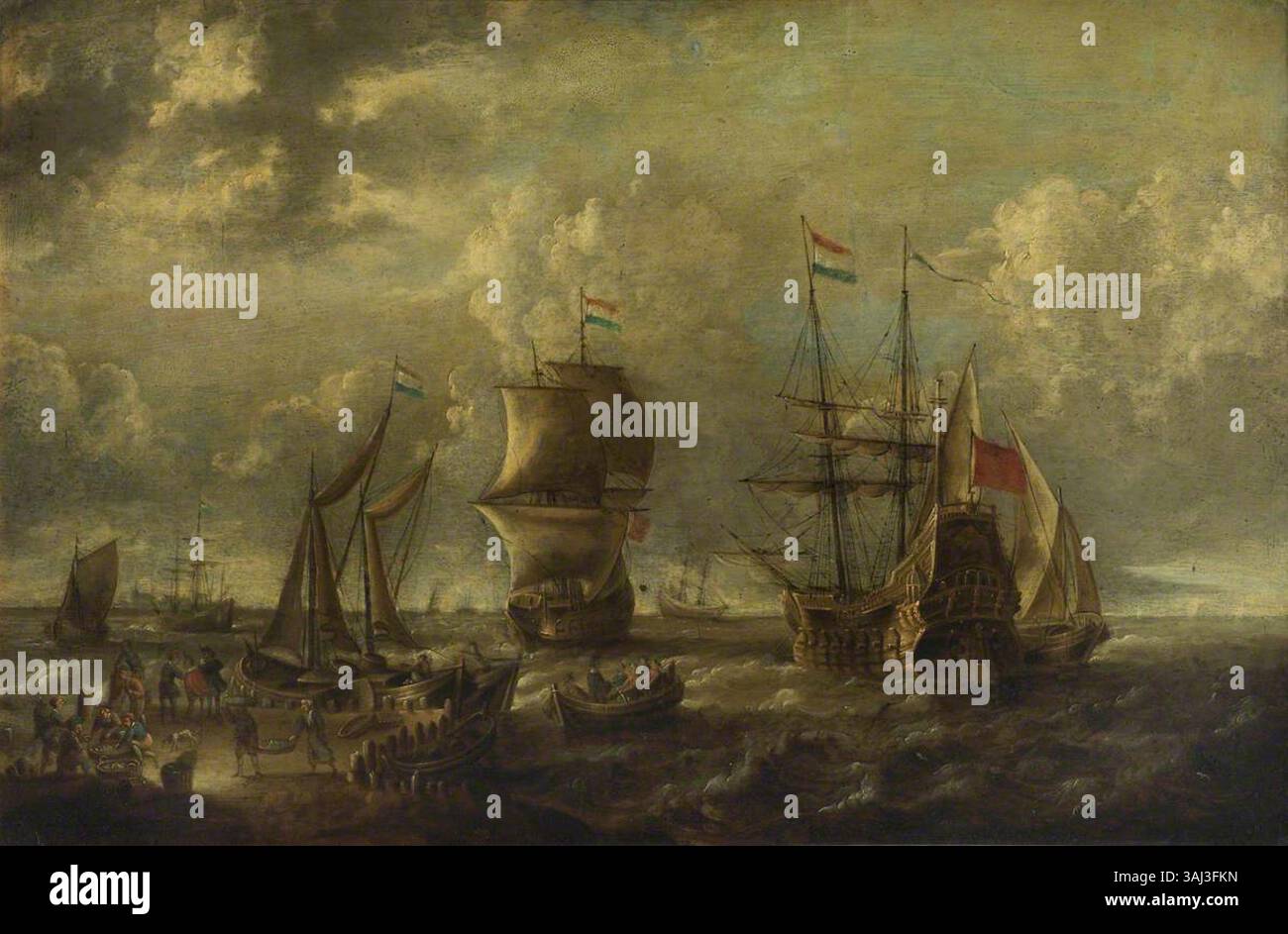 'Dutch Men-of-War and Fishing Boats in Harbour,' painted around 1670 ...