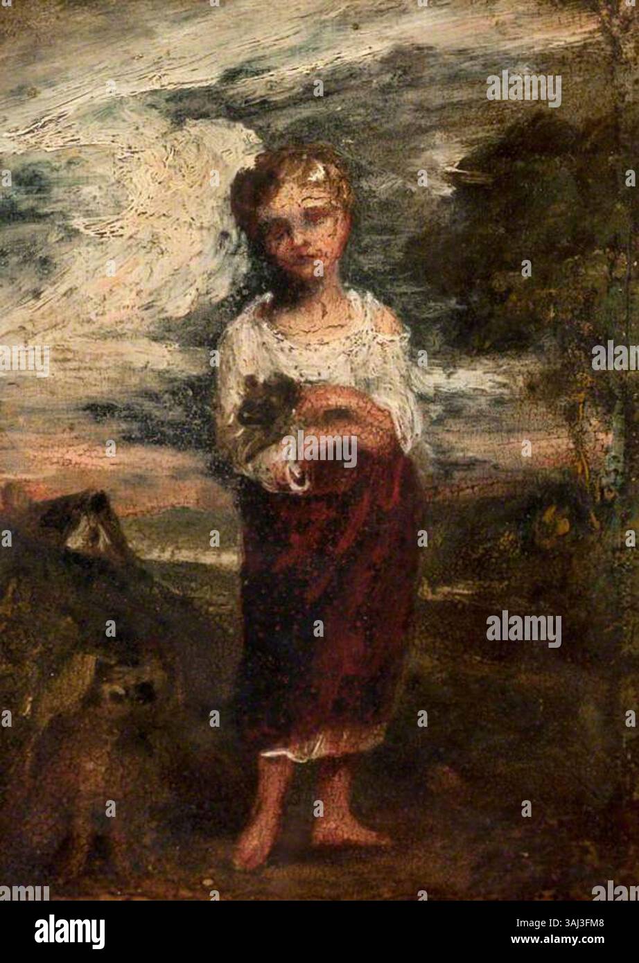 A painting of a girl holding a newborn lamb, created in the style of ...