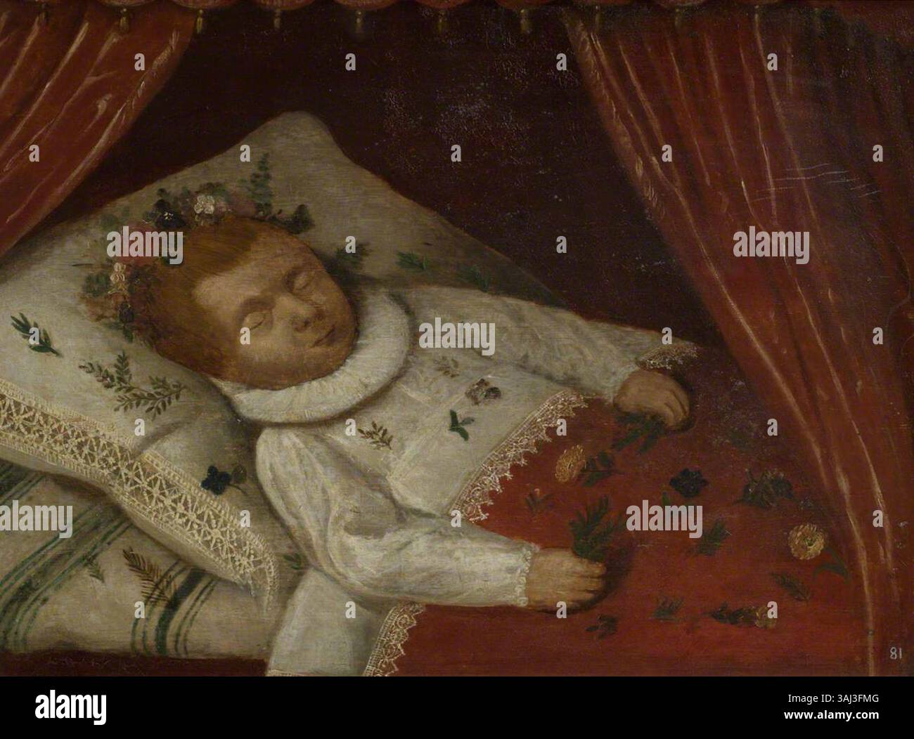 This poignant portrait depicts a deceased child garlanded and lying ...