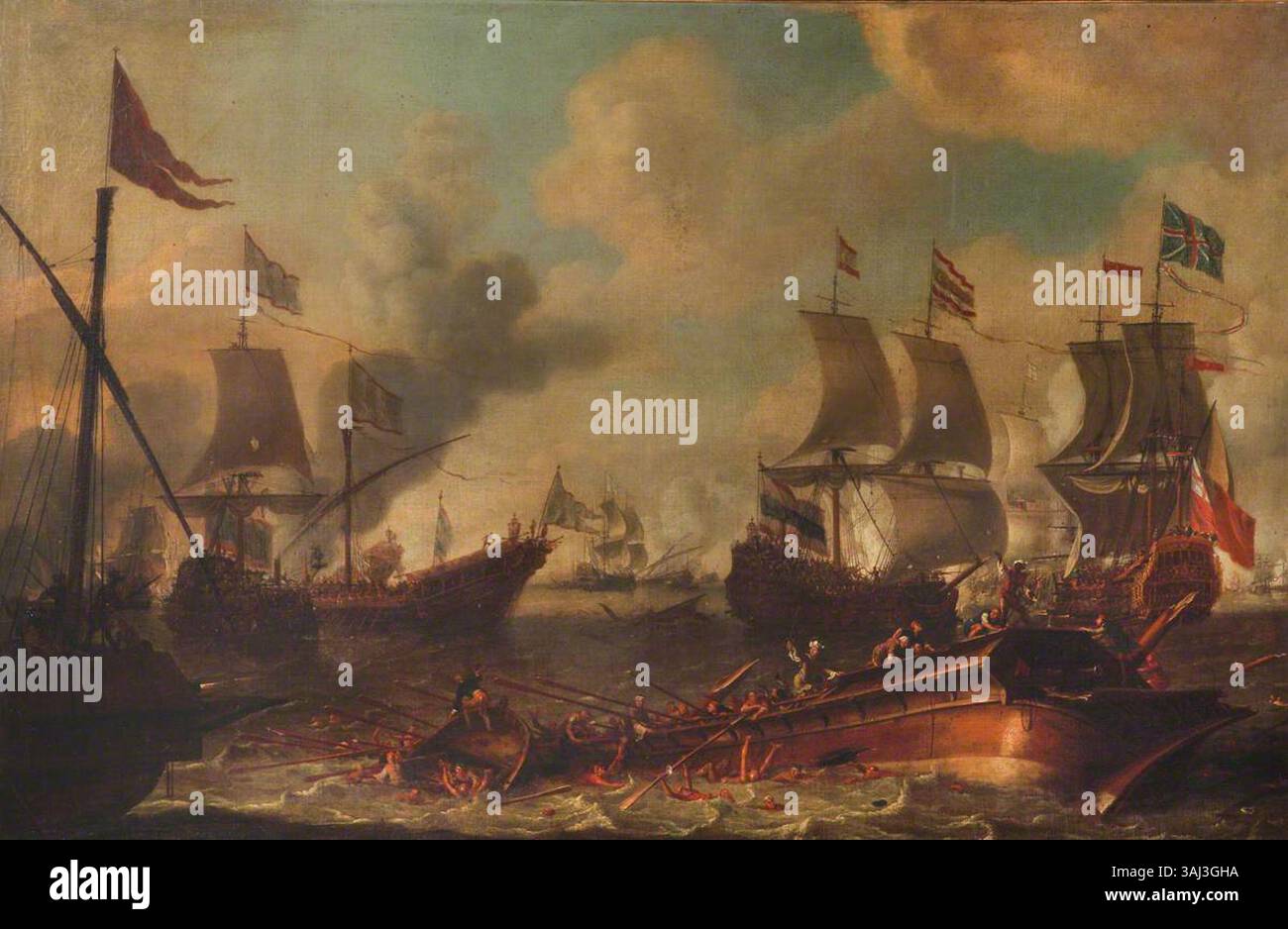 This painting, dated circa 1675, depicts a naval battle between English ...