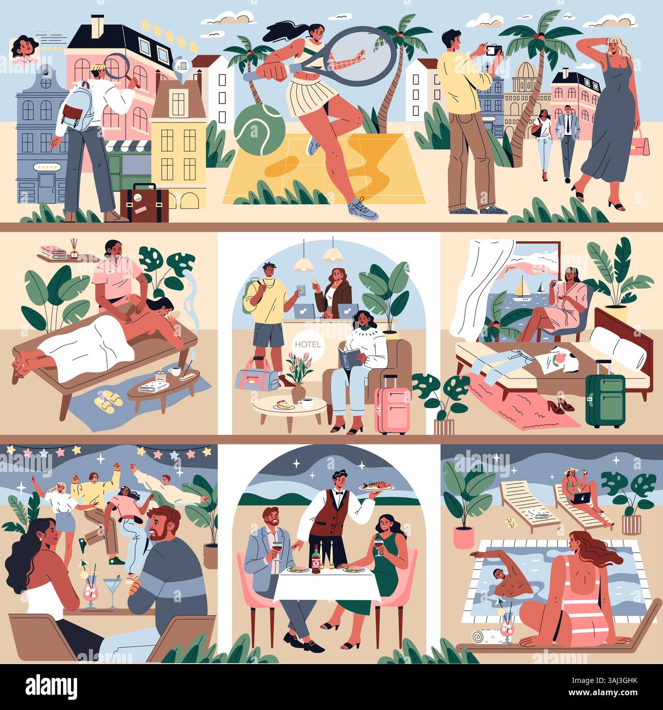 Enjoy diverse hotel holiday experiences through this vibrant illustration set showcasing ...