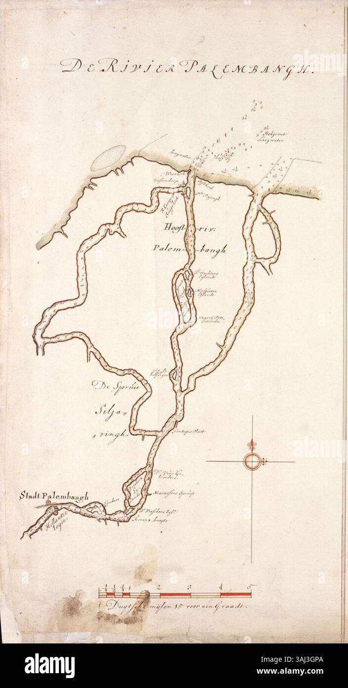 This 17th-18th century map depicts the Musi River in Palembang ...