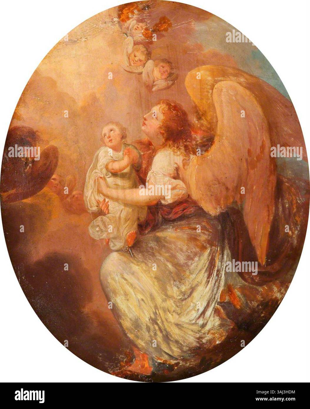 The painting shows a baby being lifted up towards Heaven by a guardian ...