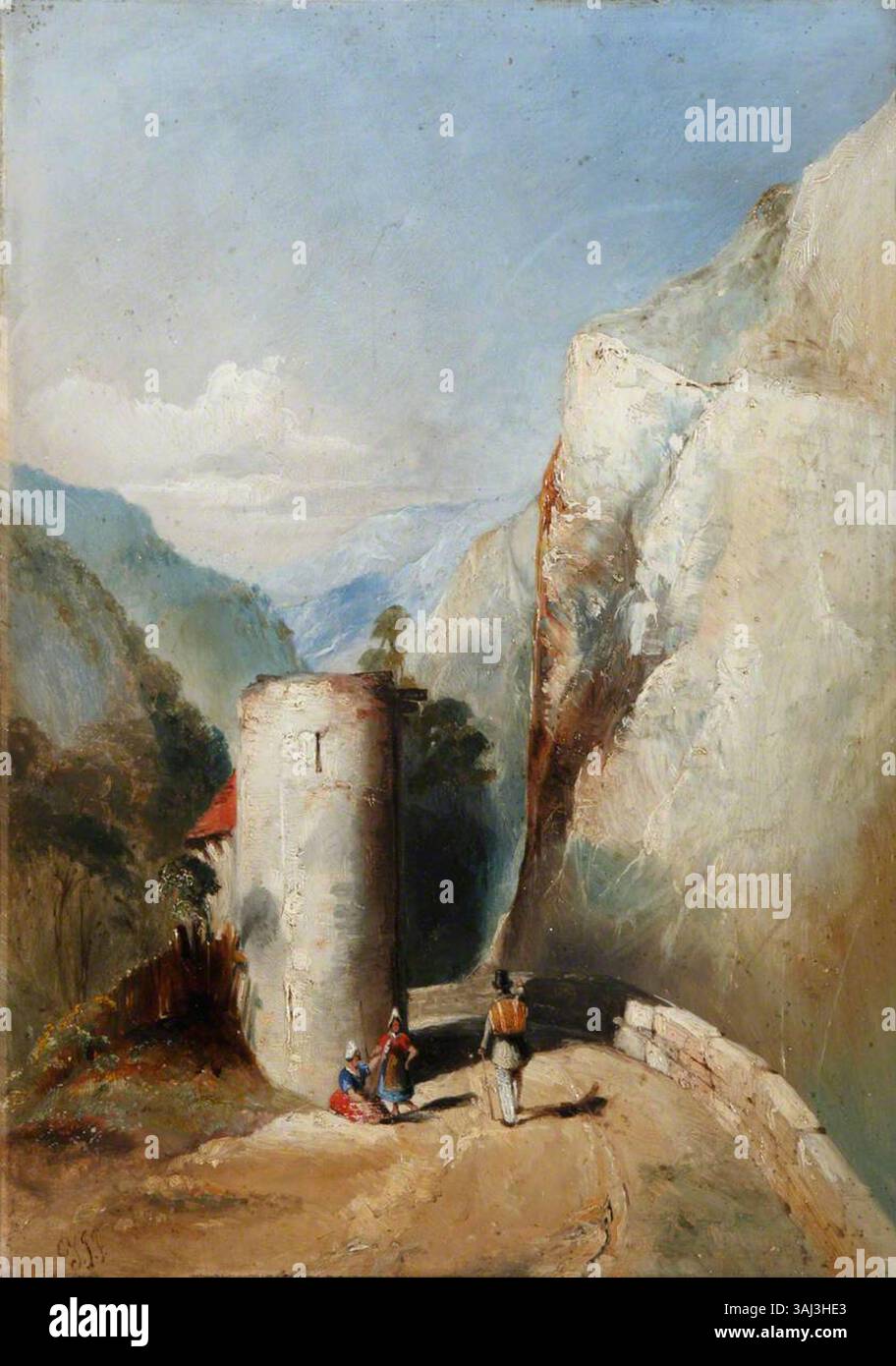 A painting of a castle turret set in mountainous terrain, with three ...