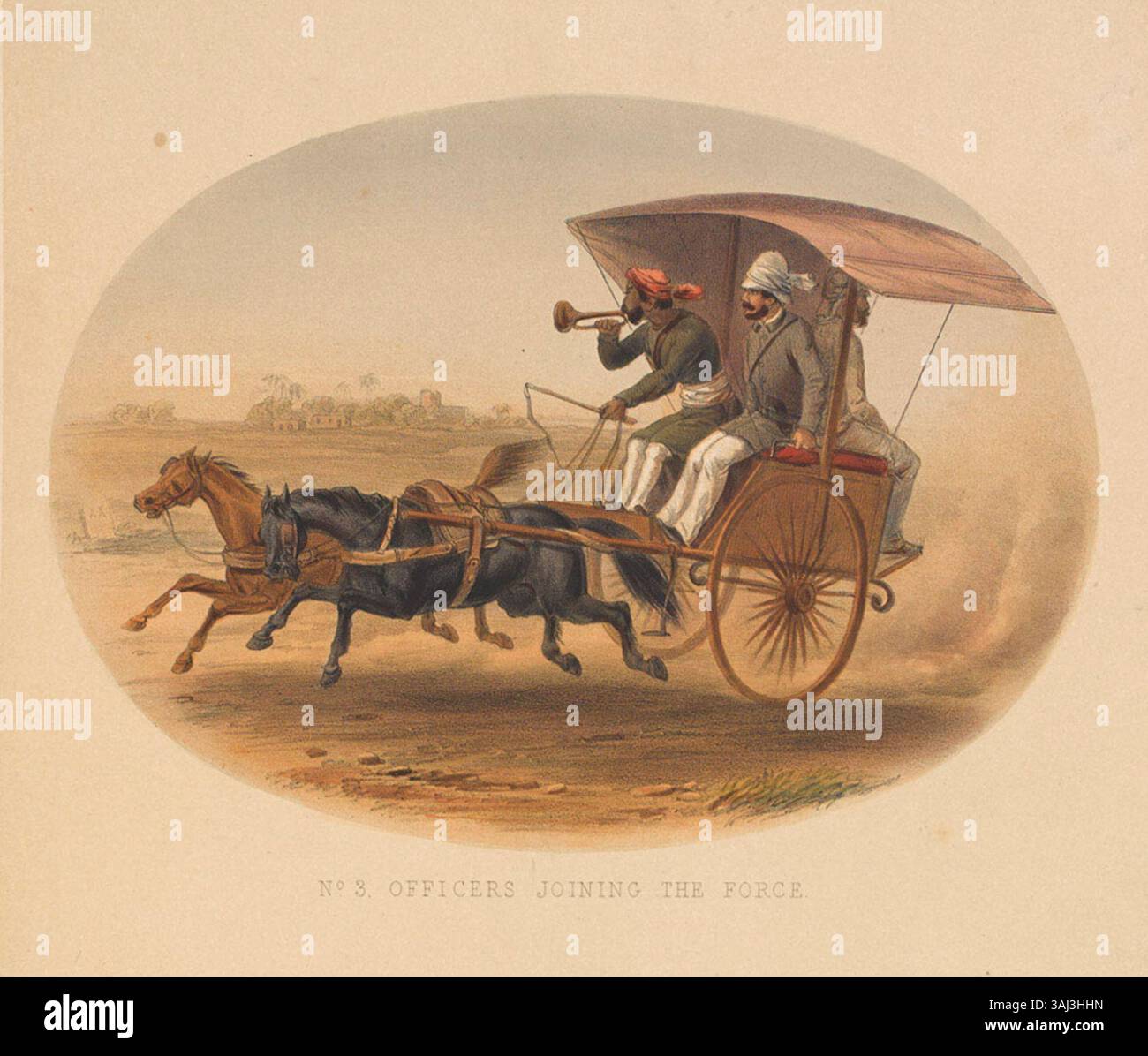 This lithograph from 1859, 'Officers Joining the Force', shows British officers joining the ...