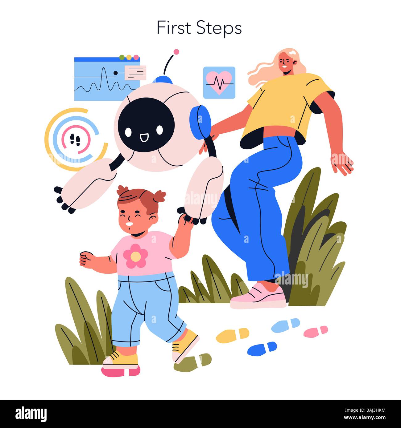 AI co-parenting illustrated through a joyful moment where a robot guides a child on their first ...