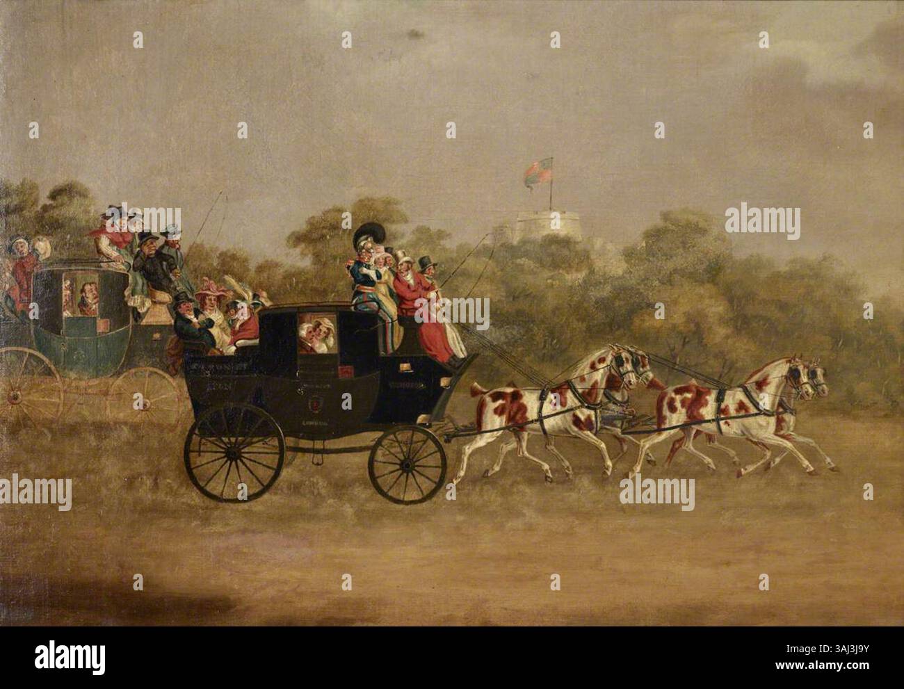 This painting depicts a stagecoach traveling from London to Windsor ...