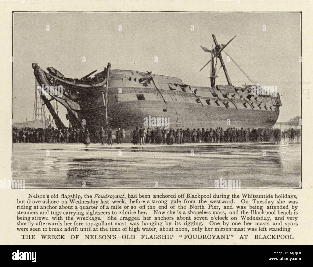 A wood engraving from 1897, titled 'The Wreck of Nelson's Old Flagship ...