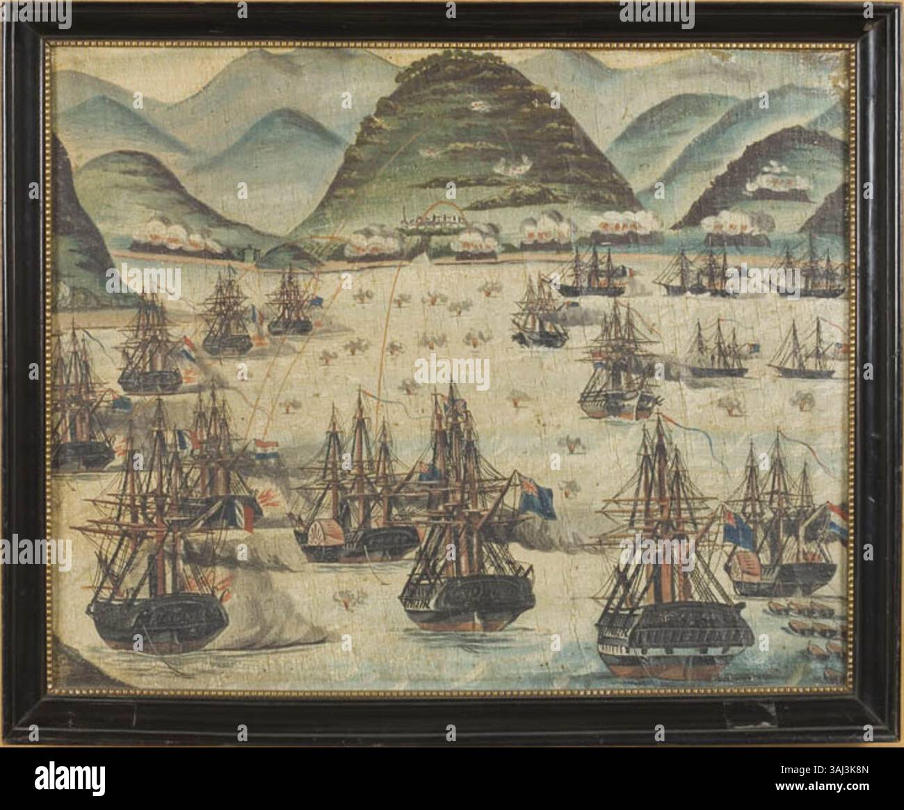 The painting shows the 1864 bombardment of Shimonoseki, Japan, during ...