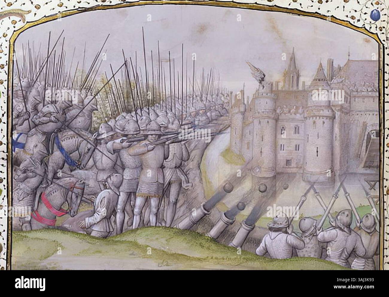 This manuscript illustration shows the Battle of Auray in 1364, a ...