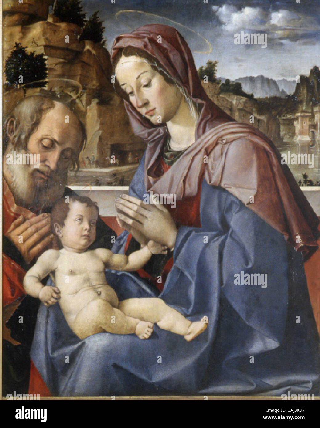 Holy Family, a painting by Bartolomeo Montagna (circa 1510), depicting the Virgin Mary, Saint ...