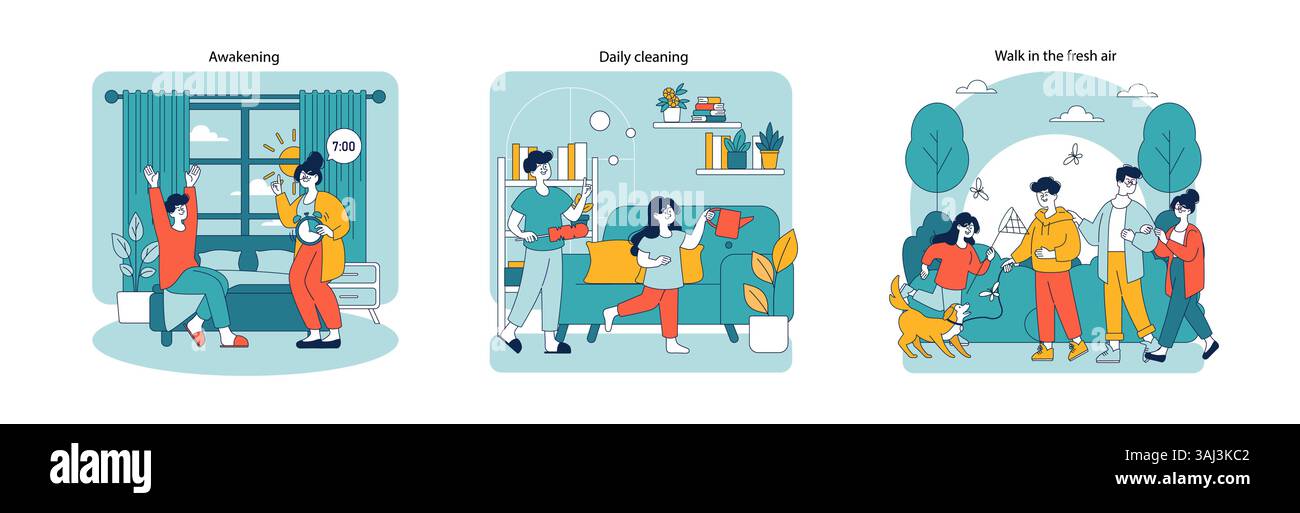 Family Routine Set. Illustration depicting daily life activities at ...