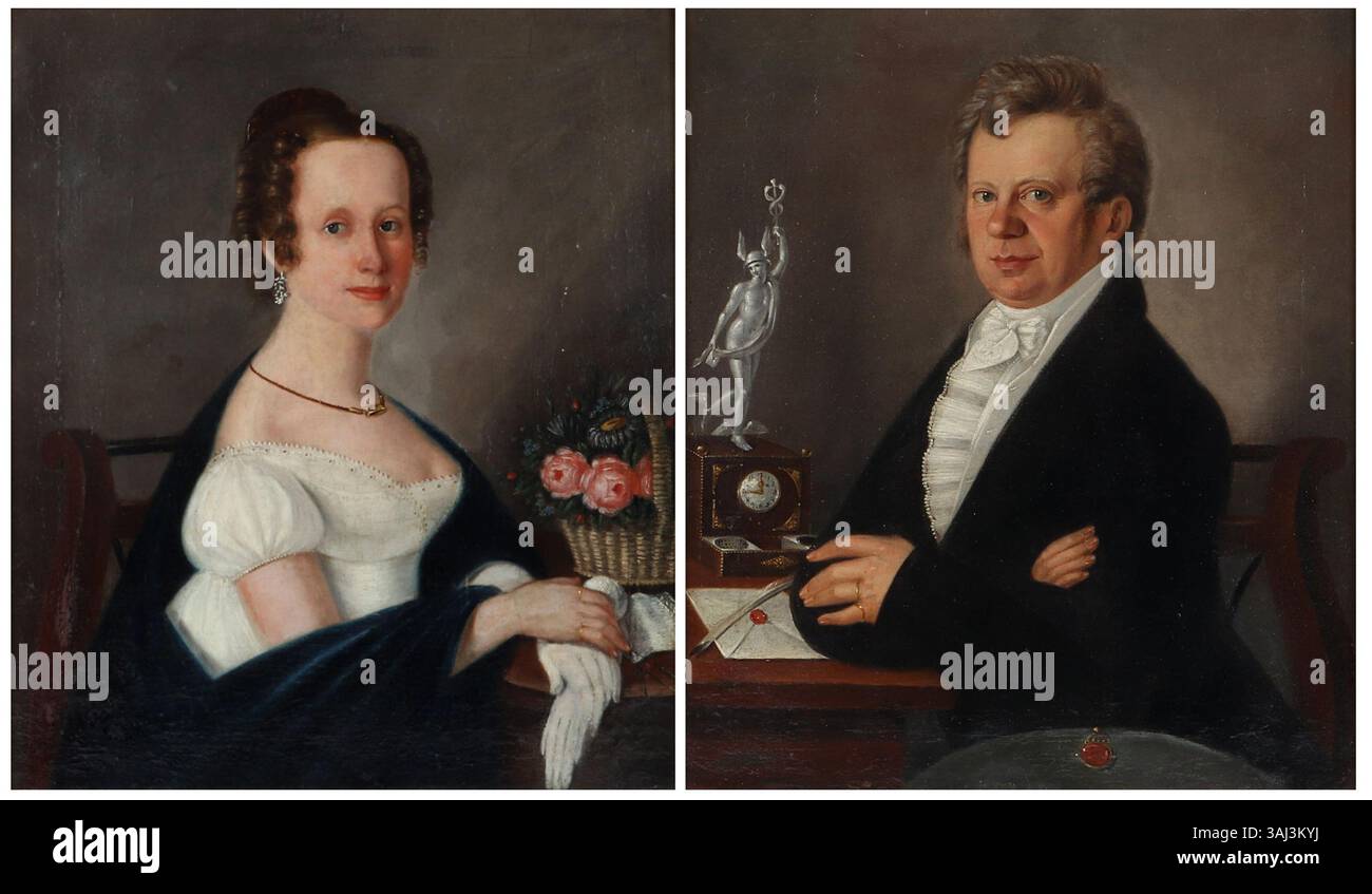 This circa 1830 painting, created in oil on canvas, features a lady and gentleman in a formal ...