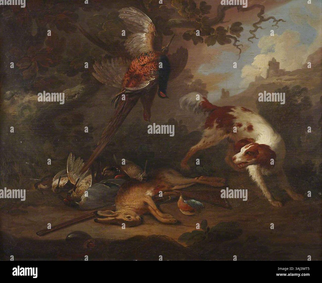 This painting from the 19th century shows a spaniel dog with dead game ...