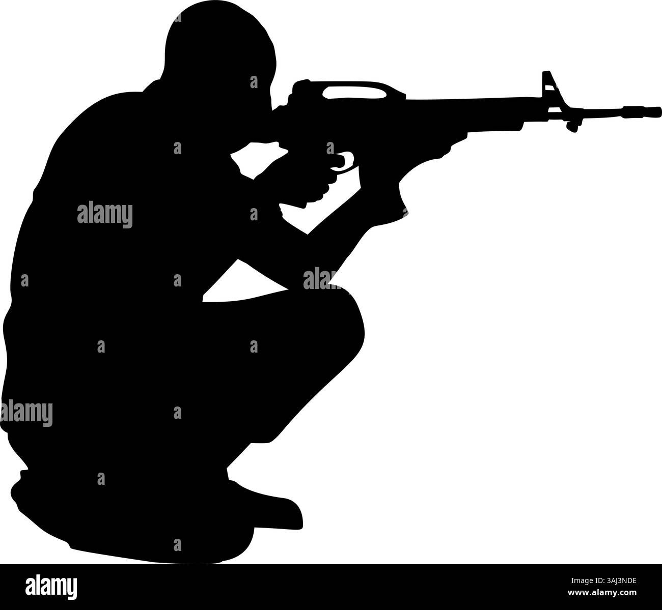Silhouette of a person crouching and aiming a rifle. Military or ...