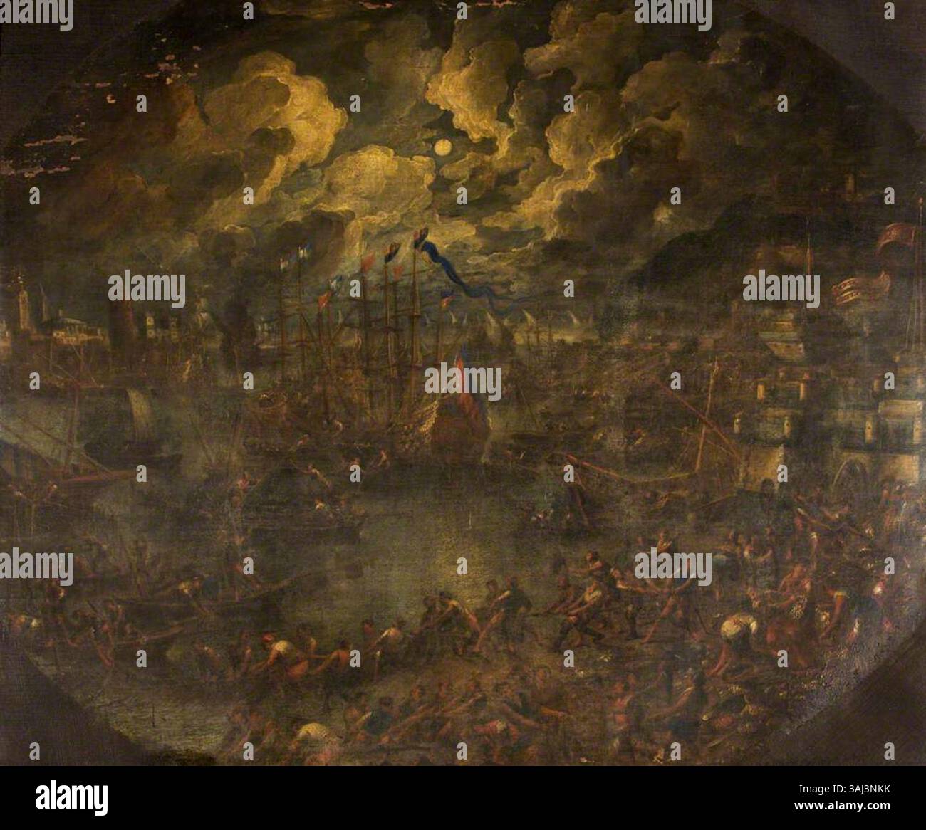 A moonlit harbour scene featuring an army of fishermen, painted in the Neapolitan style between ...